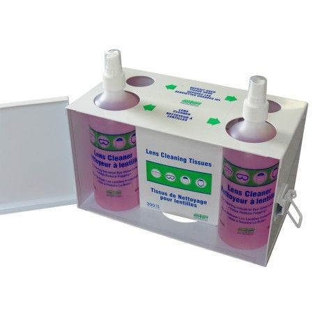 Lens cleaning station with cleaning tissues and lens solution ...
