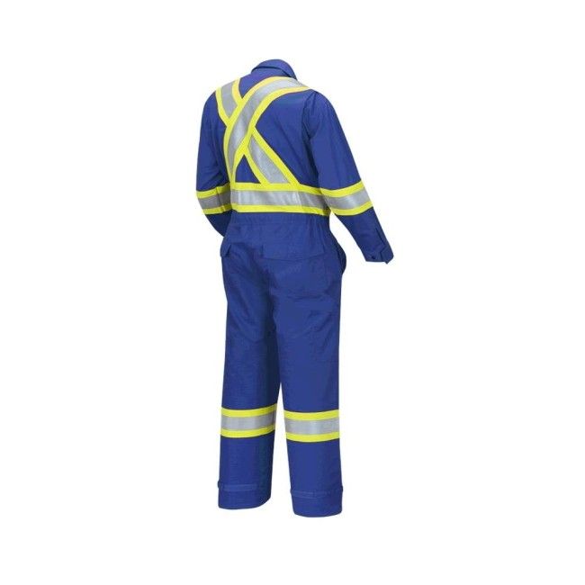 Women's 100% FR royal blue coverall, HRC 2, hi-viz reflective stripes ...