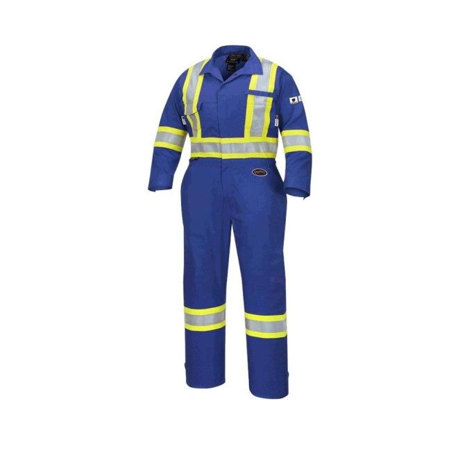 Women's 100% FR royal blue coverall, HRC 2, hi-viz reflective stripes ...