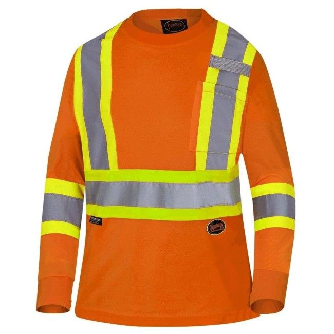 Pioneer orange high-viz long-sleeve shirt with reflective grey stripes ...