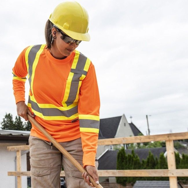 Pioneer orange high-viz long-sleeve shirt with reflective grey stripes ...