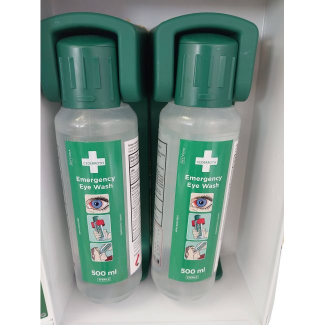 Metal eyewash cabinet with two 500 ml bottles of Cederroth solution ...