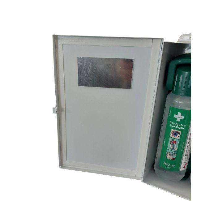 Metal eyewash cabinet with two 500 ml bottles of Cederroth solution ...