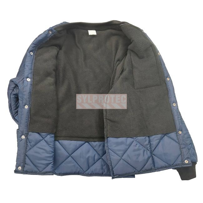 Short blue fleece-lined freezer coat with 3 pockets. | Sylprotec.com